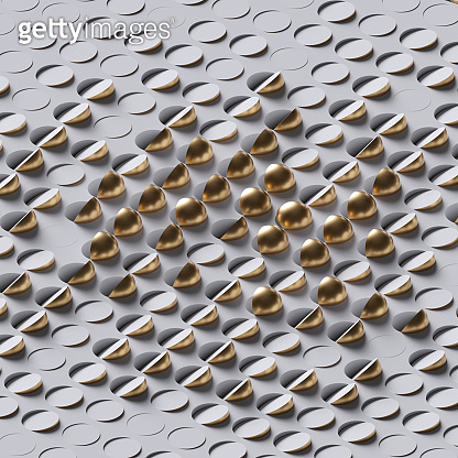 3d render, rows of golden hemispheres and balls isolated on white ...