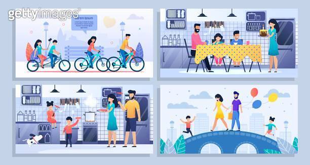 Happy Family Daily Routine Flat Banner Mockup Set 이미지 (1168885283) - 게티 ...