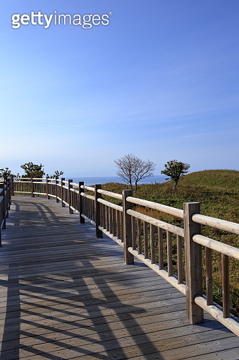 Wooden elevated boardwalk in Shiretoko five lakes in autumn ( Shari ...