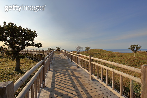 Wooden elevated boardwalk in Shiretoko five lakes in autumn ( Shari ...