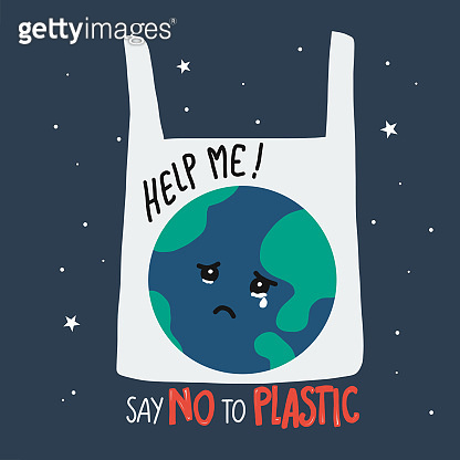 Earth crying in plastic bag cartoon, say no to plastic concept vector ...