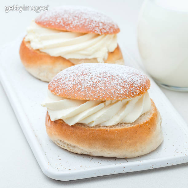 Traditional swedish dessert Semla, also called Shrove bun, with almond ...