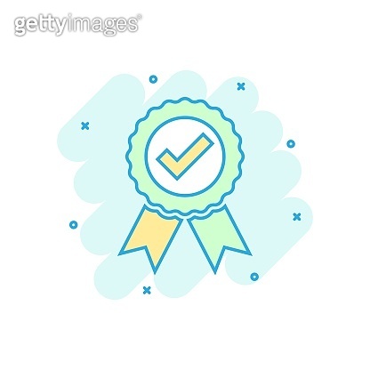 Approved certificate medal icon in comic style. Check mark stamp vector ...