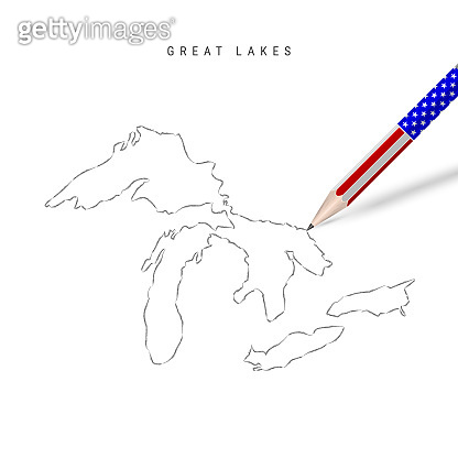All of the Great Lakes vector map pencil sketch. Superior, Michigan ...