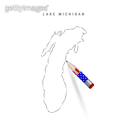 Lake Michigan vector map pencil sketch. Lake Michigan outline map with ...