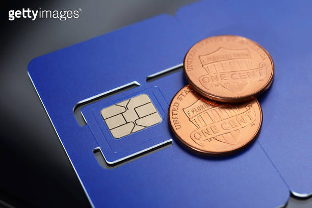 SIM card pre-cut mini, micro, nano sizes and one cent coins ...