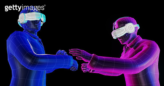 3D rendering Wireframe graphid on two men which wear VR glasses which ...