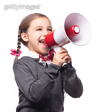Child Girl Student Shouting Through Megaphone Isolated on White ...