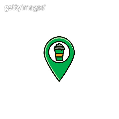 Coffee shop or point geotag icon in flat color line design. Hot drinks ...