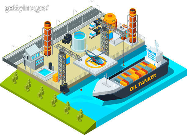 Seaport isometric. Cargo ship oil tanks seaside industrial buildings ...