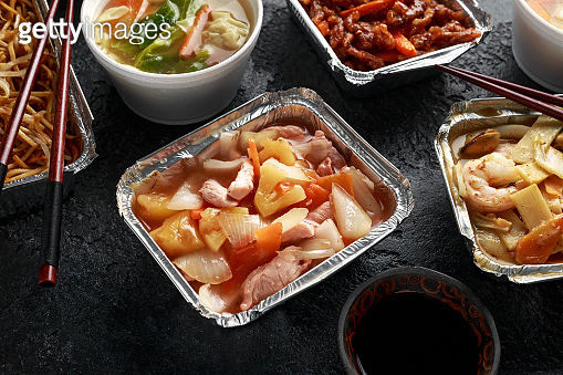 Chinese takeaway food. Pork Wonton dumpling soup, Crispy shredded beef ...