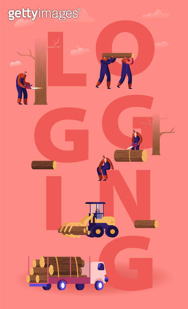 Logging Concept. Lumberjacks Cutting Trees and Wooden Logs Using ...