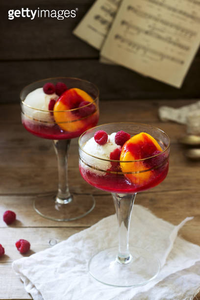 Ice cream, peach and raspberry sauce dessert dedicated to Australian ...