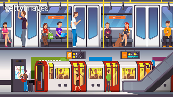 Busy city underground subway transit station with arriving train ...