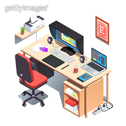 Graphic designer working desk, opened creative project on professional ...