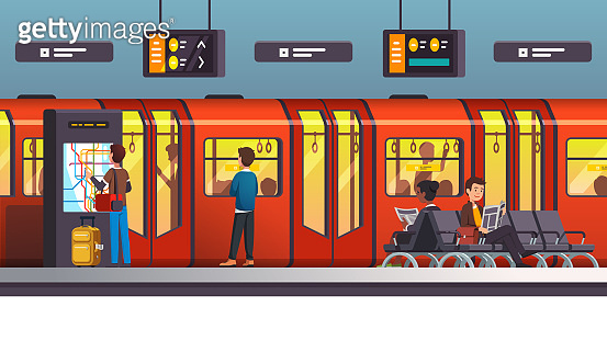 Busy city underground subway transit station with arriving train ...