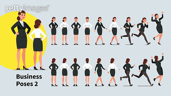 Business woman poses and actions set. Front & back views collection of ...