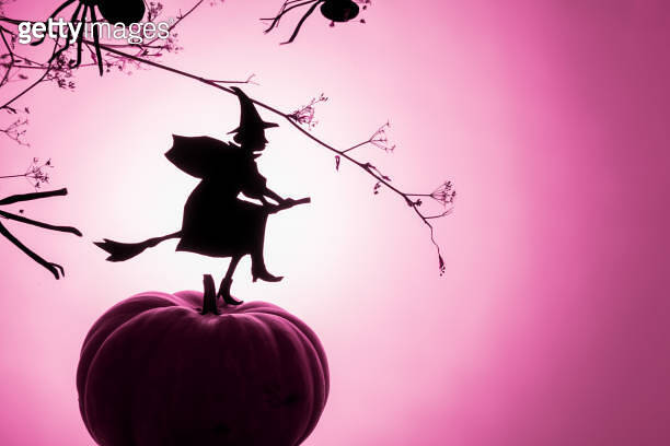 Witch flies on the Sabbath. Creative trendy Halloween background with a ...