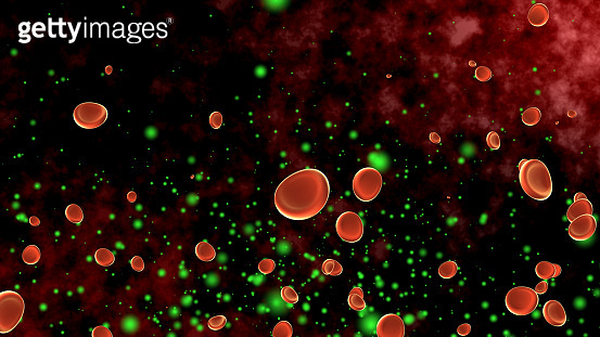 Red infecting blood cells and green bacteria and virus traveling ...