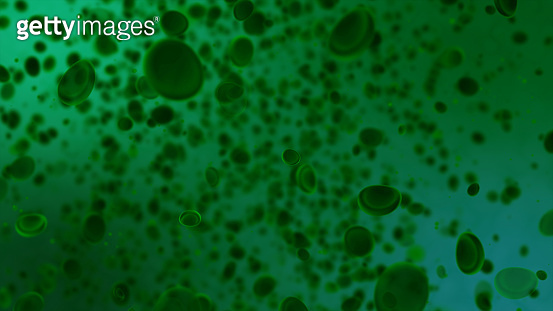 Green infecting blood cells, bacteria and virus traveling through a ...