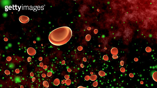 Red infecting blood cells and green bacteria and virus traveling ...