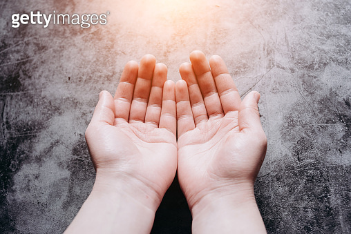 Female hands, offering help, protection and support symbol. Helping ...