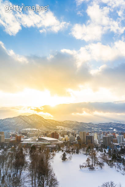Beautiful architecture building with mountain landscape in winter ...