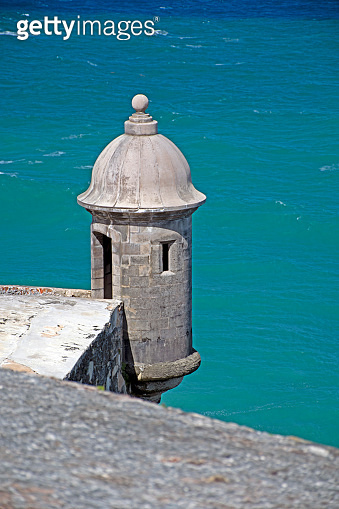Walls, battlements and sentry boxes of the medieval Spanish fortress of ...