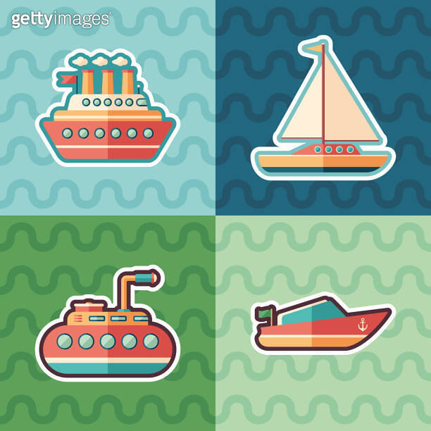 Boats and sailing yacht sticker flat icon set. 이미지 (1188524261) - 게티이미지뱅크