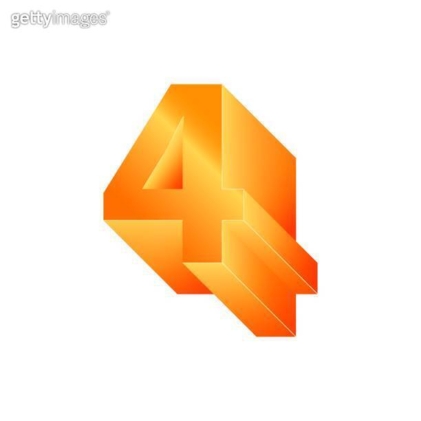 3D number 4. Volumetric orange figure with a metallic sheen. 이미지 ...