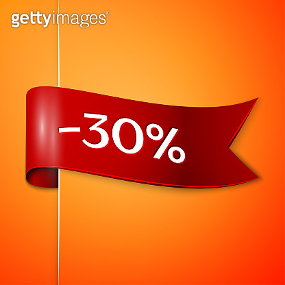 Red ribbon with inscription 30 percent discounts on orange background ...