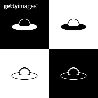 Set UFO flying spaceship icons isolated on black and white background ...