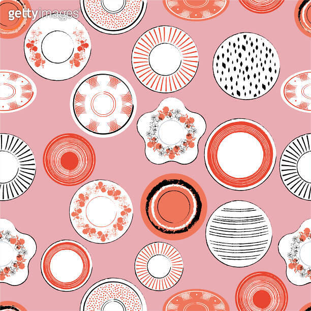Graphic hand drawn brush white and orange porcelain dishes seamless ...