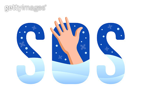 sign sos. hand asks for help in a terrible frost. covered with snow ...