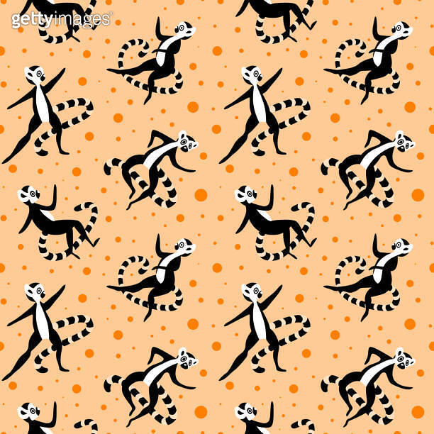 Seamless pattern with black lemurs and dots (1181451448) - 게티이미지뱅크