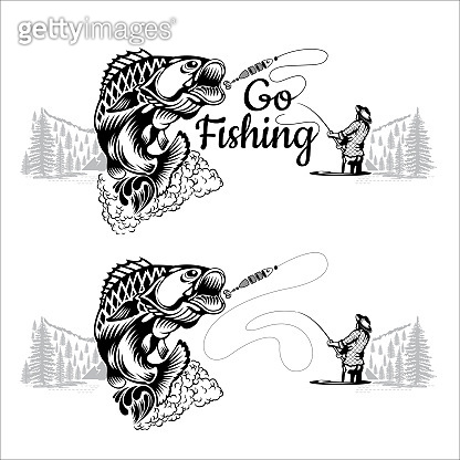 Perch fish bend with fisher and landscape in engraving style. Label for ...