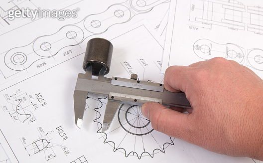 Technical drawing, caliper and driving roller chain. Engineering ...