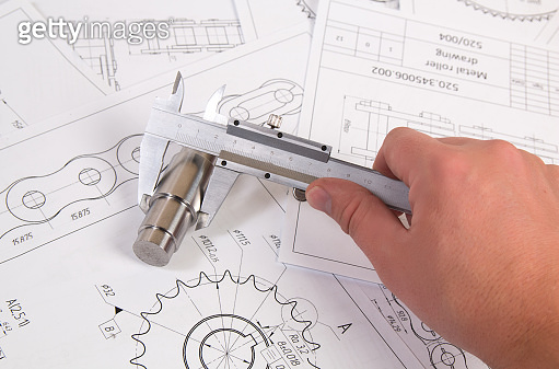Technical drawing, caliper and driving roller chain. Engineering ...