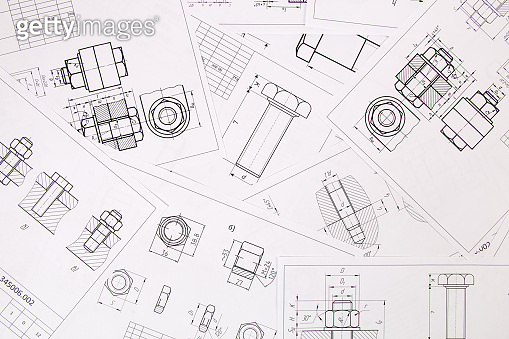 Technical drawings of bolt and nut. Engineering, technology and ...