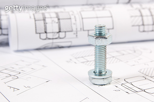 Technical drawings of bolts and nuts. Engineering, technology and ...