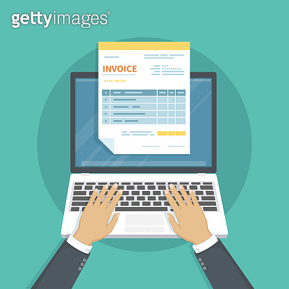 Online payment service. Invoice form on the laptop screen. Man hands on ...