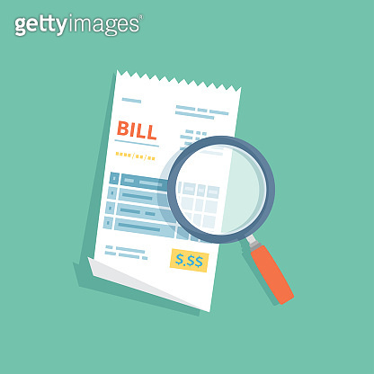 Bill icon with magnifying glass. Studying paying account. Payment of ...