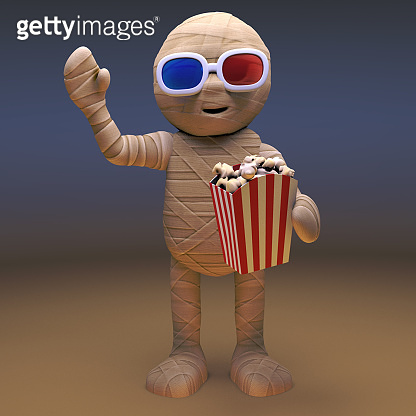 Undead Egyptian mummy monster eating popcorn and wearing 3d glasses, 3d ...