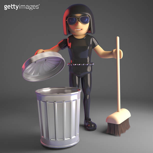 Cool leather clad goth is a domestic goddess with her broom and trash ...