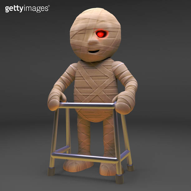 Elderly Egyptian mummy monster walks with a walking frame, 3d ...