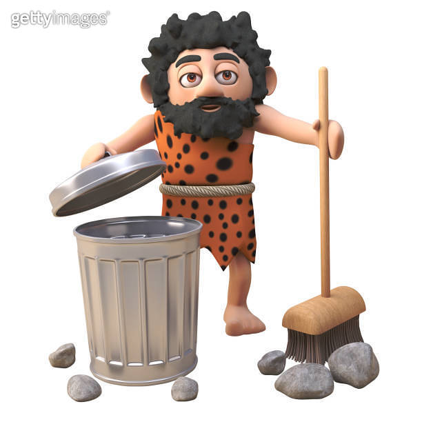 Prehistoric caveman character in 3d sweeps up some rocks with his broom ...