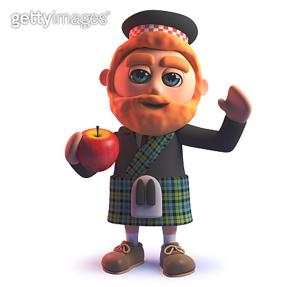 Cartoon Scottish man in kilt eating an apple in 3d 이미지 (1163895049 ...