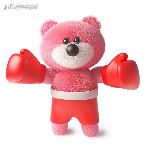 Teddy bear with fluffy pink fur wearing boxing gloves and boxing shorts ...