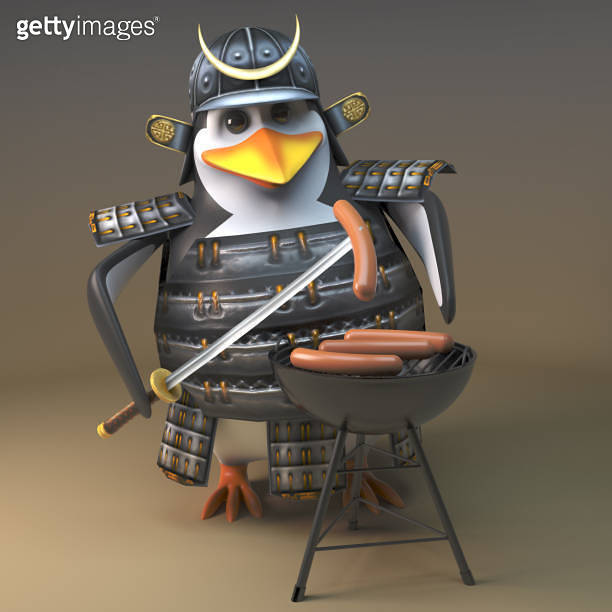 Noble penguin samurai warrior character in 3d cooking sausages on a ...