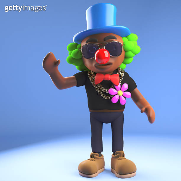Funny black hiphop rapper dressed as a clown in wig and red nose, 3d ...